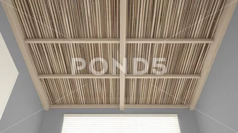 Ceiling close-up in modern sustainable country interior, wooden bamboo ...