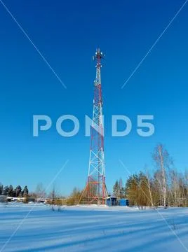 Cell antenna, transmitter. Telecom TV radio mobile tower against blue sky ~ Premium Photo #77887754