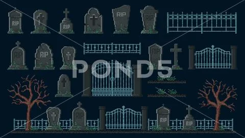 Cemetery 8 bit pixel game asset. Gravestone, fence Illustration #209732908