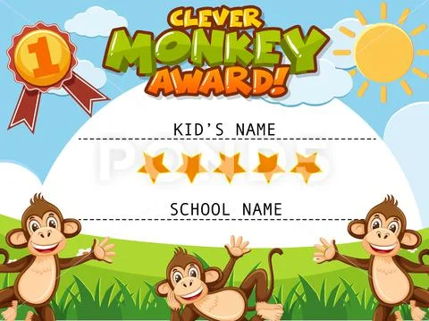 Certificate template for clever monkey award with monkeys in background: Royalty Free #135634922