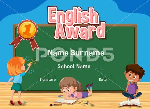 Certificate template for english award with kids studying in background ...