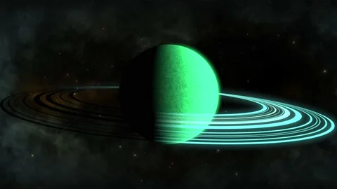 CGI green alien planet with rings in fro... | Stock Video | Pond5
