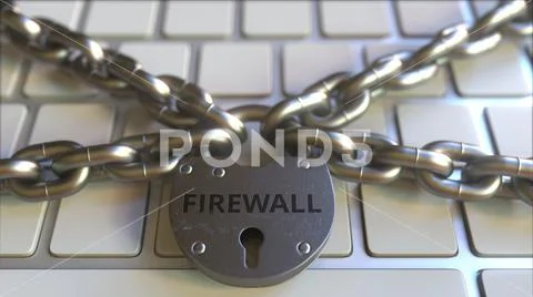 Chains and lock with FIREWALL text on the computer keyboard. Conceptual ...