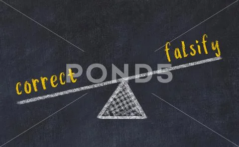 Chalk drawing of scales with words correct and falsify on black board ...