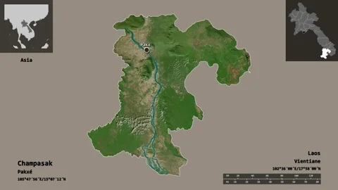 Champasak location. Laos. Satellite map | Stock Video | Pond5