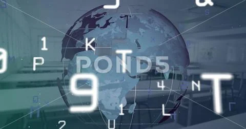 Changing numbers and alphabets floating over spinning globe against empty Illustration #158381848