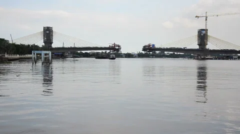 Chao Phraya River with Bridge constructi... | Stock Video | Pond5