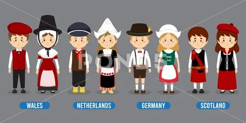 Character in Different National Costumes: Graphic #242481345