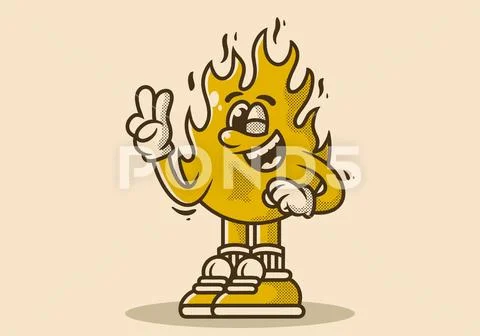Character illustration of a fire flame with hands forming a symbol of ...