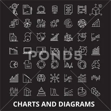 Charts and diagrams editable line icons vector set on black background. Charts Illustration ...
