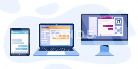 Chat bot dialog windows on computer, tablet, laptop screen: Graphic ...