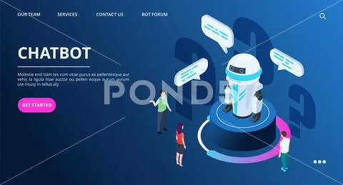 Chatbot landing page. Isometric AI robot with people. Artificial intelligence ~ Clip Art #114002151
