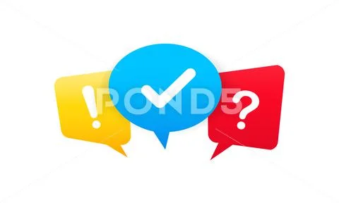 Check mark, question mark and exclamation mark. Colored speech bubble ...