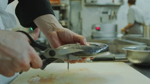 Chef Cutting Off Fish Fins and Tail with... | Stock Video | Pond5