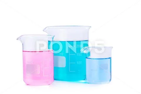 Chemical laboratory experiment beakers and test flasks with colorful ...