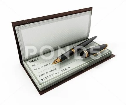Cheque book and ink pen isolated on white background. 3D illustration ...