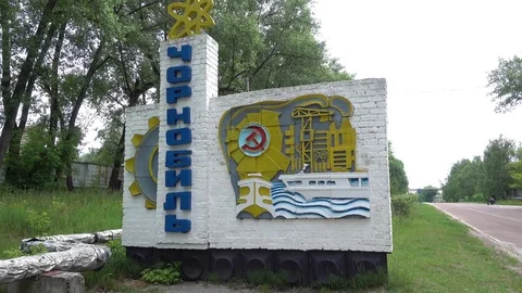Chernobyl town landmark on the road | Stock Video | Pond5