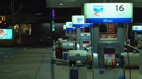 Chevron, American gas station at night. ... | Stock Video | Pond5