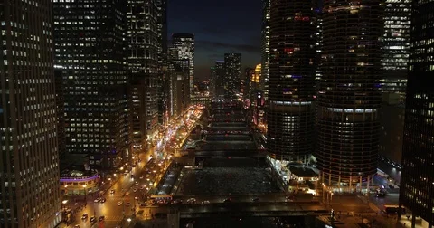 Chicago river side skyline buildings eve... | Stock Video | Pond5