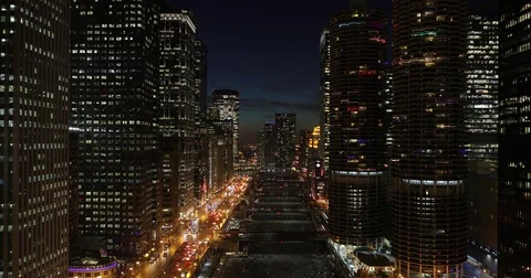 Chicago river side skyline buildings eve... | Stock Video | Pond5