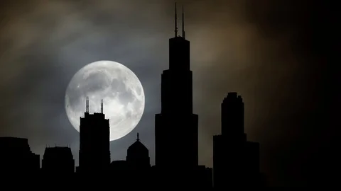 Chicago Skyline by Night with Full Moon ... | Stock Video | Pond5
