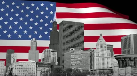 Chicago skyline with rippling American F... | Stock Video | Pond5