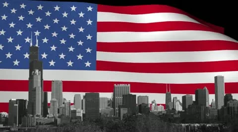 Chicago skyline with rippling American F... | Stock Video | Pond5