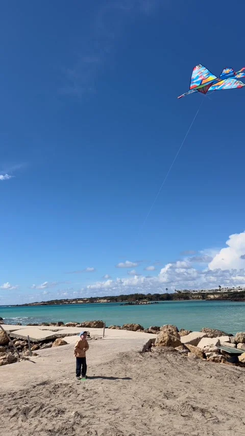 Child flies kite on sandy beach shorelin... | Stock Video | Pond5