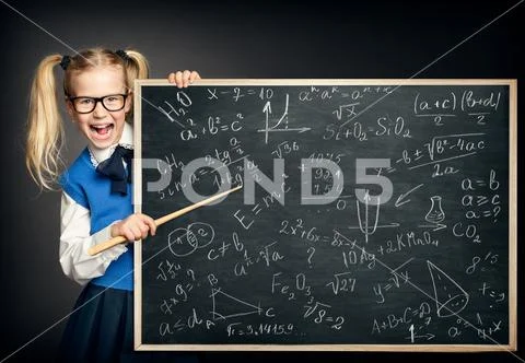 Photograph: Child Girl Pointing School Blackboard with Mathematics ...