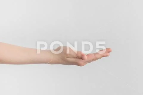 Child hand palm up. side view Isolated on a white anf gray background ...