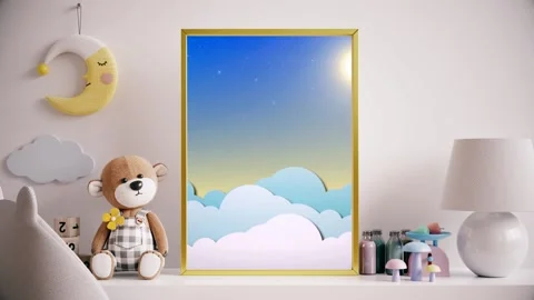 Childish background with teddy bear, moo... | Stock Video | Pond5