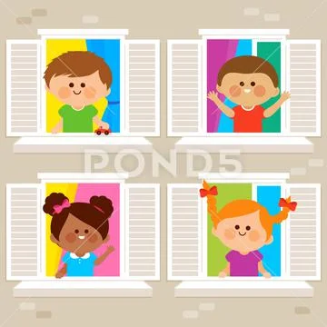 Children at a building looking out of windows. Vector illustration ...