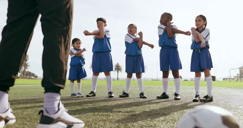 Children, stretching and sport on soccer... | Stock Video | Pond5