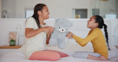 Children, teddy bear and sisters fightin... | Stock Video | Pond5
