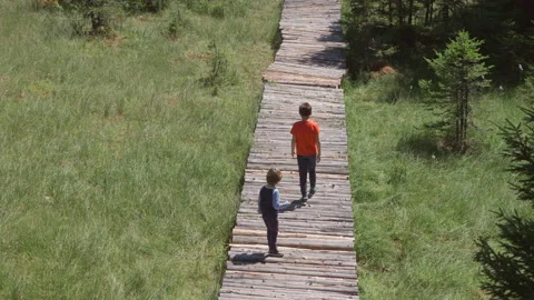 Children walk on wooden bridge, child lo... | Stock Video | Pond5