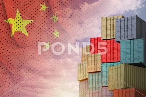 Photograph: China flag and big stack of shipping cargo containers in ...