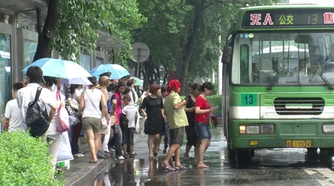 Chinese bus stop, boarding bus, Chengdu | Stock Video | Pond5
