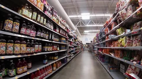 Chip and Juices aisle Walmart retail st... | Stock Video | Pond5