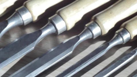 chisel set on the oak board | Stock Video | Pond5