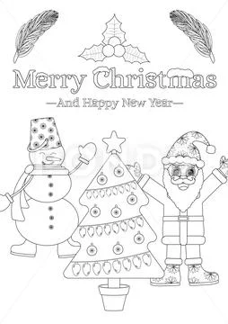 Christmas Coloring Page with Santa and Snowman: Graphic #292385365