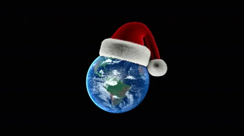 Christmas Earth with Santas hat on black... | Stock Video | Pond5