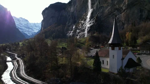 Church and waterfall long approach in La... | Stock Video | Pond5