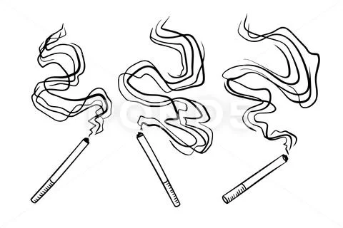 Cigarette drawing single one with a lot of thick smoke. Simple outline ...