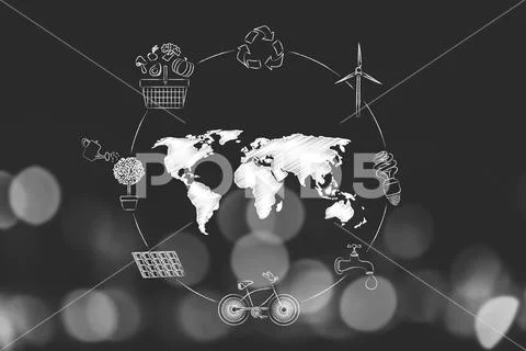 Circle of ecology-related symbols and world map in the center: Royalty ...
