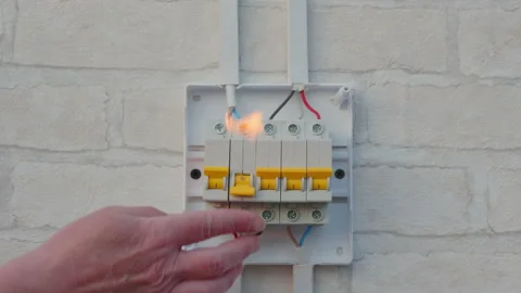 Circuit breaker ignites on fire in switc... | Stock Video | Pond5