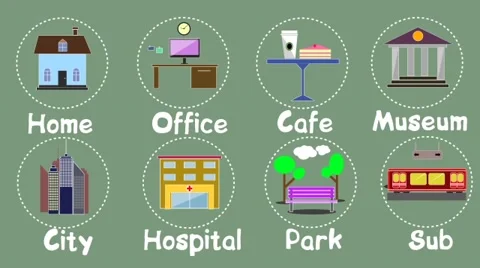 City life style animated creative icons of social places, 8 icons pack ...