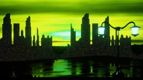 City with NEON GREEN Sky Background Loop... | Stock Video | Pond5