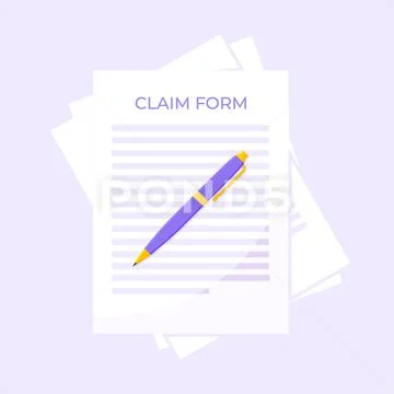 Claim form paper sheets, pen isolated on gray background flat style ...