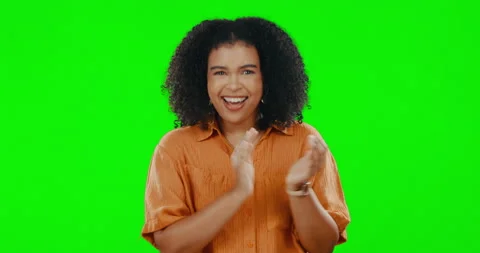 Clapping, happy and face of woman on gre... | Stock Video | Pond5