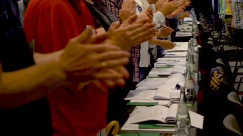 clapping men stand in the conference roo... | Stock Video | Pond5